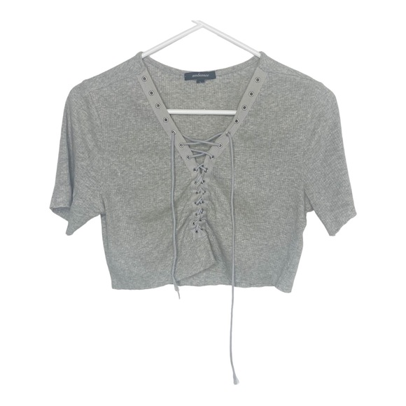 Ambiance | Tops | Y2k Gray Ribbed Lace Up Cropped Top Tshirt F | Poshmark